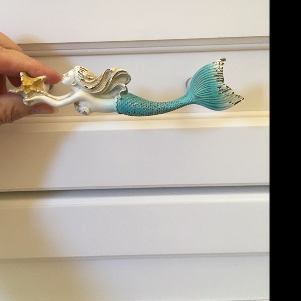 Cream and Blue Mermaid Knob Drawer Handle - Mermaid Tail - Beach Theme ...