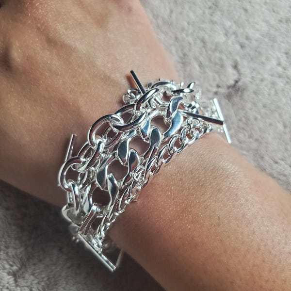 Chunky Multi Layer Silver Bracelet With Heart Charm for Women Bold ...