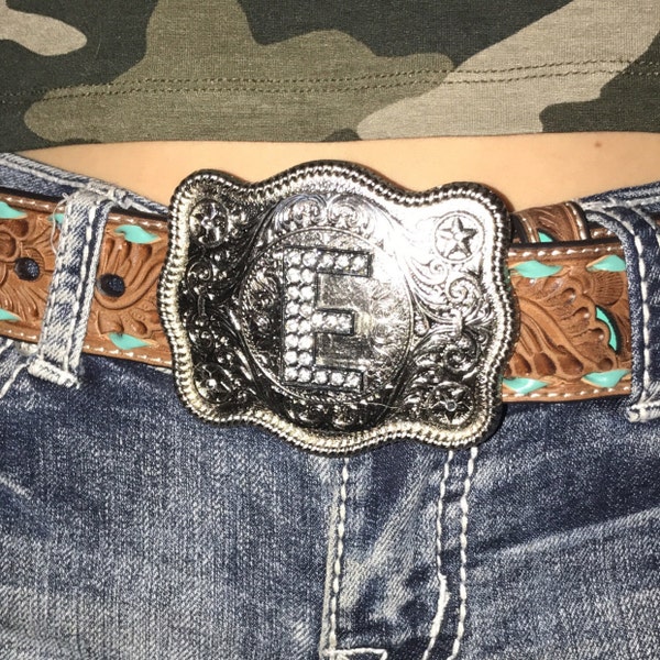 Monogram Letter E Personalized Silver Belt Buckle, Rhinestone Initial E ...