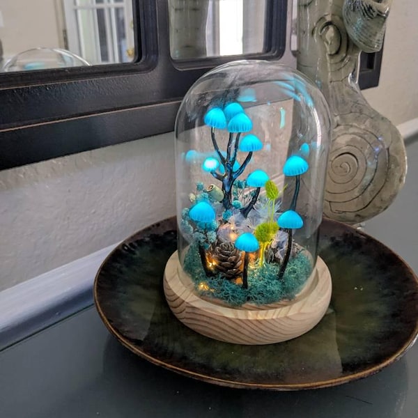 White Mushroom Terrarium Lamp With Real Moss - LED Fairy Light Dome ...