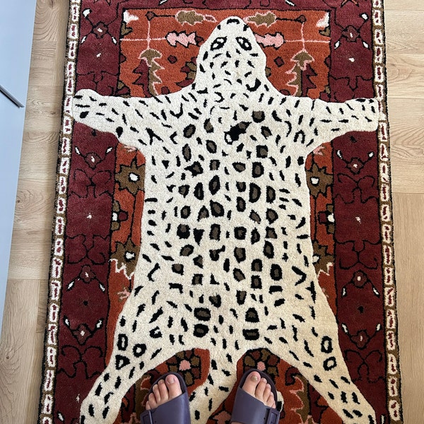 Leopard Pattern Rug Red & Blue Stunning Carpet Animal Print Rug for ...