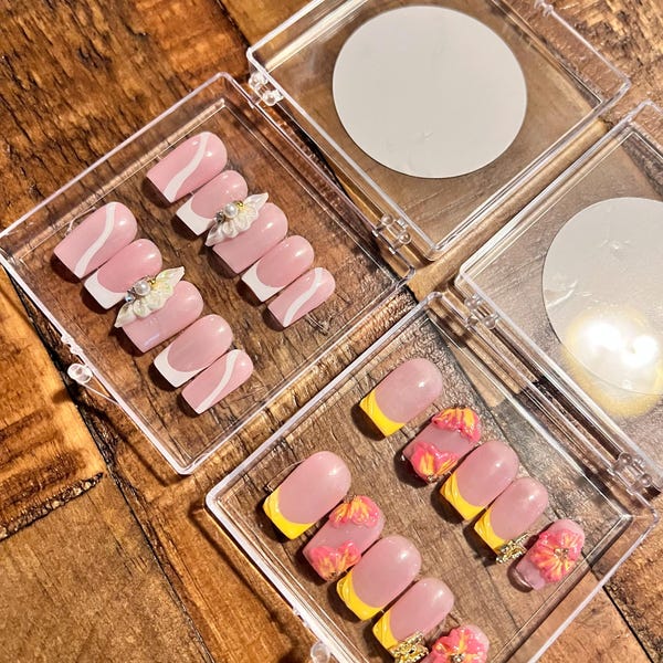 Zebra Print French Tips & Pink Bow Press Ons | Square XL Press Ons ...