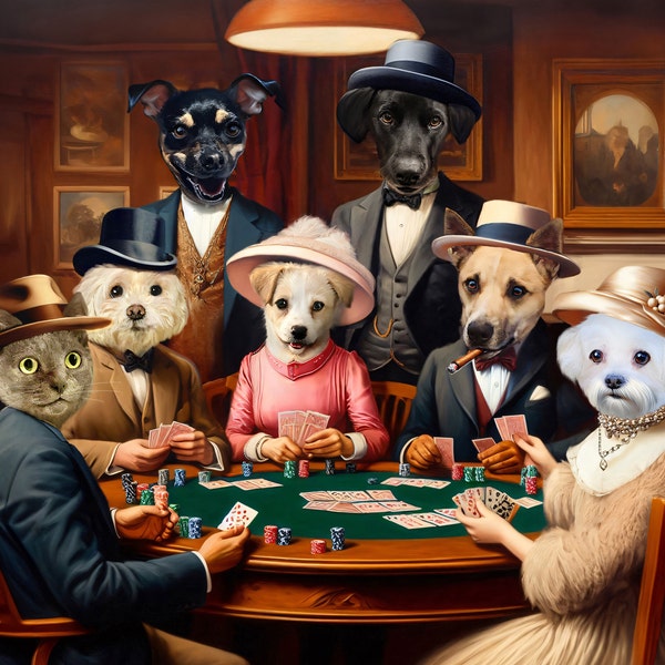 Dogs Playing Poker Custom Pet Portrait, Father's Day Funny Gift Idea ...