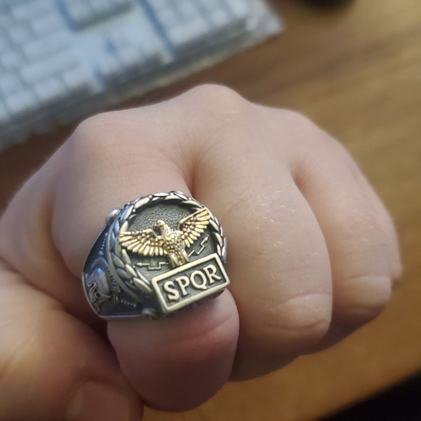 Eagle SPQR Oxidized Sterling Silver 925 and Solid Yellow 10K Gold Men's ...