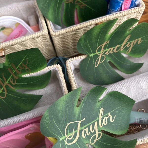 Tropical Palm Leaf Name Tags Handwritten Monstera Names With Hole Punch ...