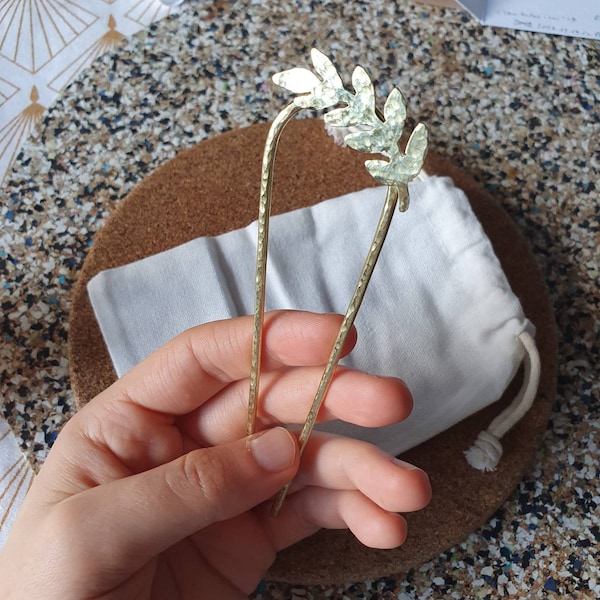 Handmade Hair Stick Barrette Pin | Pebble Gold Hammered Brass Round ...