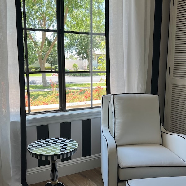 Painted Pedestal Round Accent Table, Checkered Side Table, Round Side Table , Black and White ...