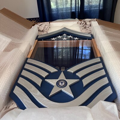 Handcrafted Air Force Shadow Box With Msgt Rank Chevron Silver & Navy ...