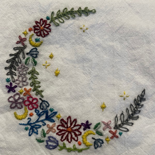 Flower Moon Embroidery Pattern Download, Floral Celestial Embroidery ...
