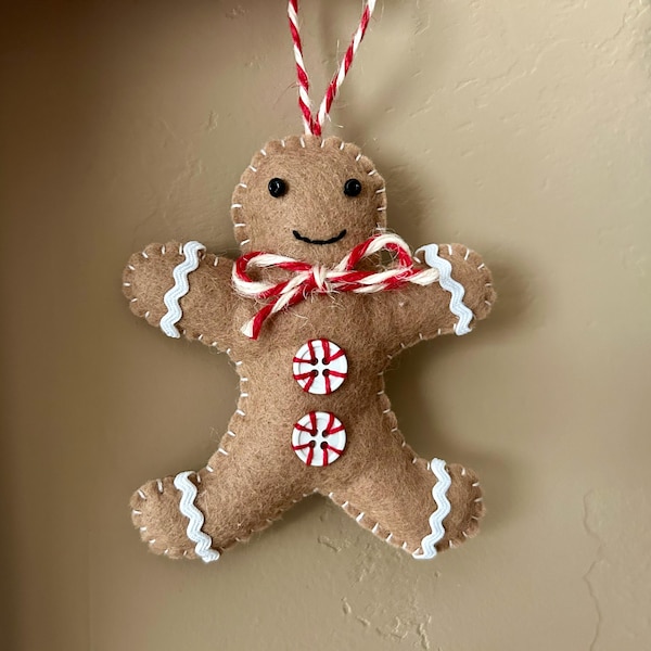 Felt Gingerbread Man Ornament, Peppermint Gingerbread Man, Christmas ...