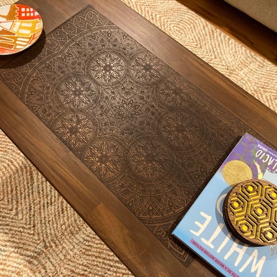 Engraved Walnut Teak Coffee Table Modern Wood Furniture Illustration ...