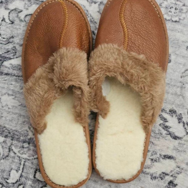 Women Soft Leather Wool Slippers, Handmade Fur Lining Soft Mules, Comfy ...