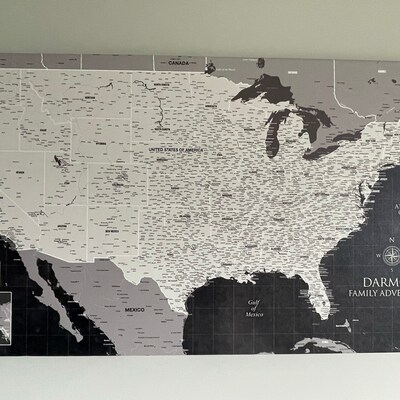 Grey USA Push Pin Map Custom Canvas, Personalized Travel Map, Detailed ...