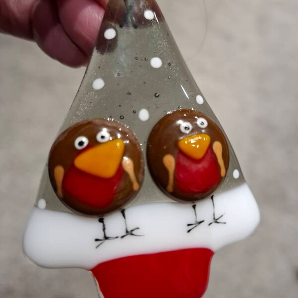 Christmas Tree Fused Glass Decoration With 2 Robins - Etsy UK