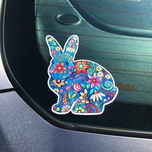 Bunny Rabbit Car Decal Colorful Design Flowers Bumper Sticker Laptop ...