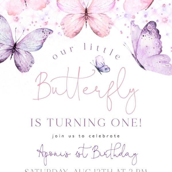 Butterfly Birthday Invitation, 1st Birthday Invite, First Birthday ...