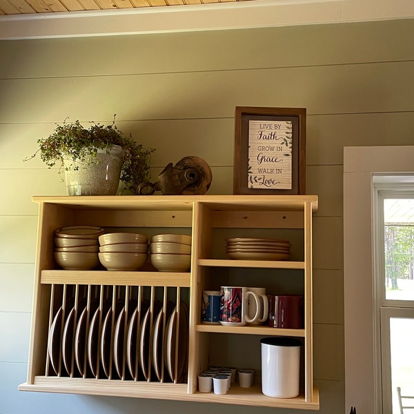 Triple Shelf Wood Plate Dish Rack Glasses Spices Organizer Kitchen ...