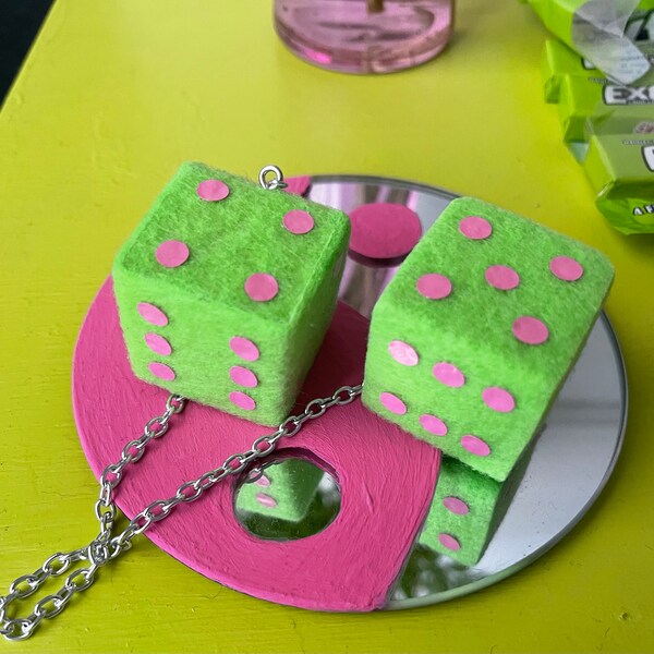 Neon Green Fuzzy Dice With Black Dots and Chain or Cord / Car ...