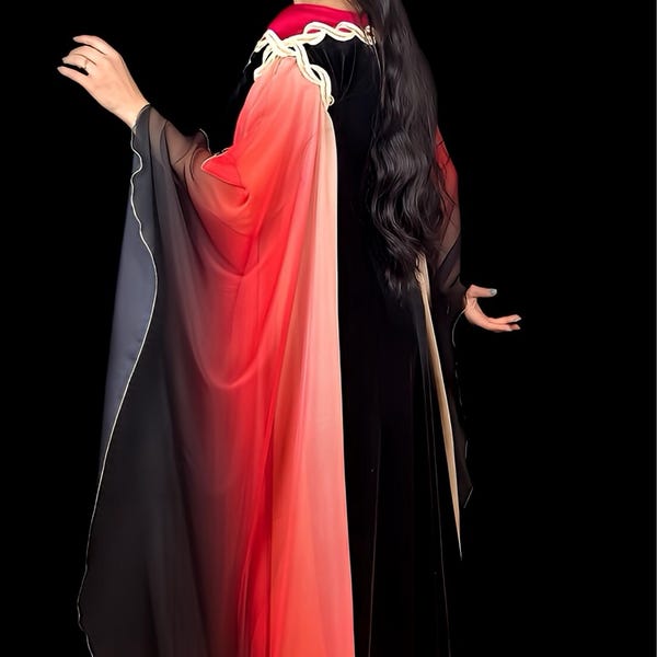 Black and Red Fantasy Gown With Ombre Chiffon Sleeves, Velvet Elven ...