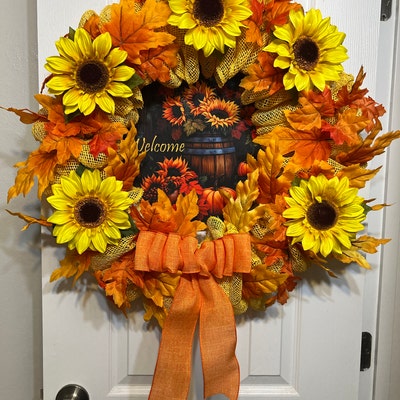 Round Fall Blue Truck Wreath Sign, Sunflower & Pumpkins Welcome Wreath ...