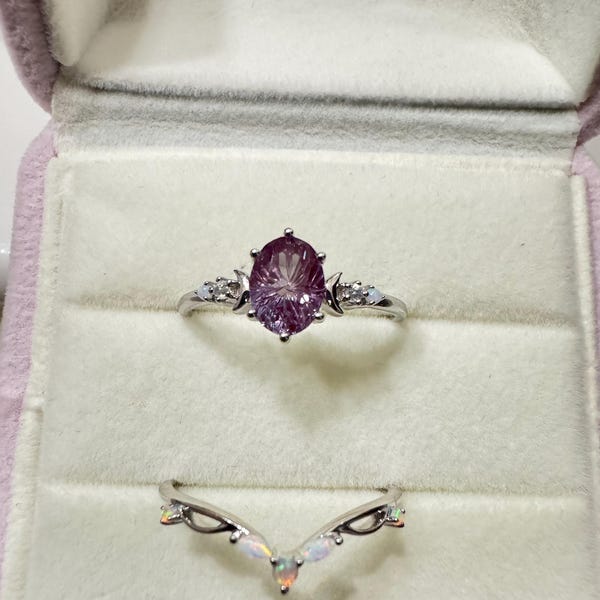 Dainty Firework Cut Alexandrite Moon Engagement Ring Set Rose Gold ...