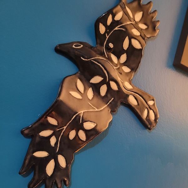 Raven or Crow Ceramic Wall Sculpture, Sgraffito Bird Sculpture, Flying ...
