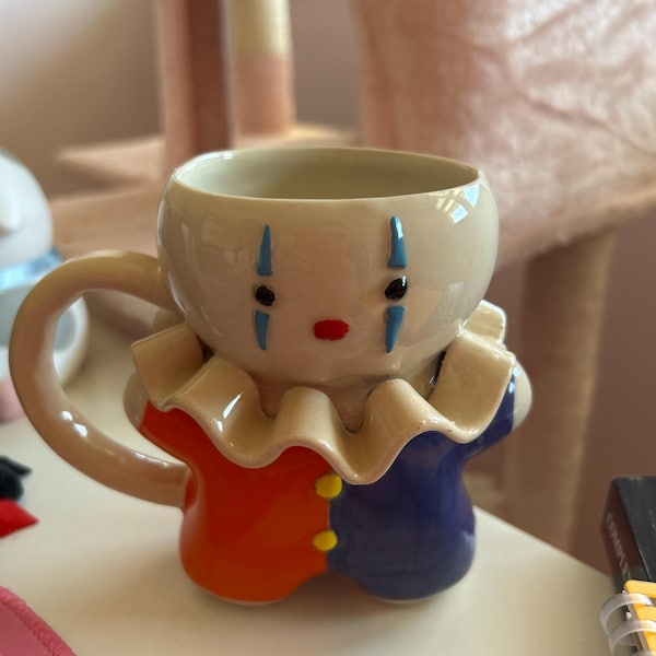 Cute Clown Mug - Handmade Ceramic Coffee Mug, Kawaii Tea Cup, Unique ...