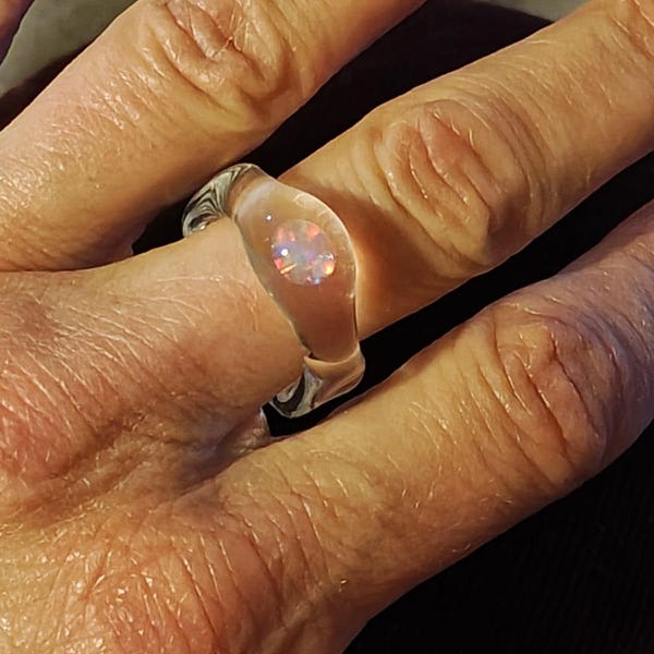 Clear Glass Ring With Opal Marble Set Down in Band a Bit Pyrex ZU Glass ...
