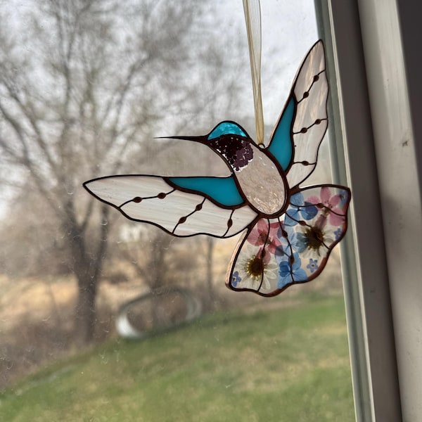 Hummingbird Stained Glass Bird Suncatcher Meaningful Mom Gift Pressed ...