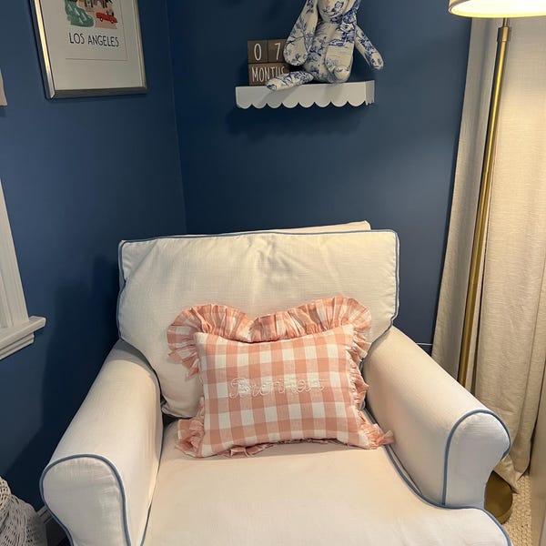 Embroidered Customised Name Linen Ruffle Mini Cushion in Yellow Gingham ...