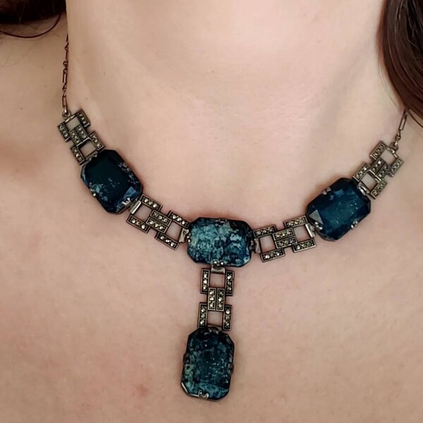 Vintage 1930s Art Deco Open Back Crystal Glass 22” Silver Tone Necklace ...