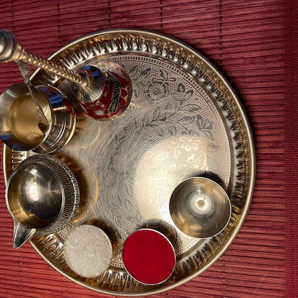 Handcrafted Brass Pooja Thali Set, Bhog Thali, Puja Utensils, Aarti ...