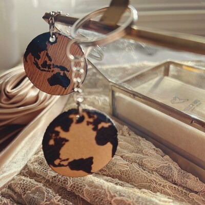 Globe Wood Keychain, World, Earth, Globe, Keychain, Gift for Mother ...