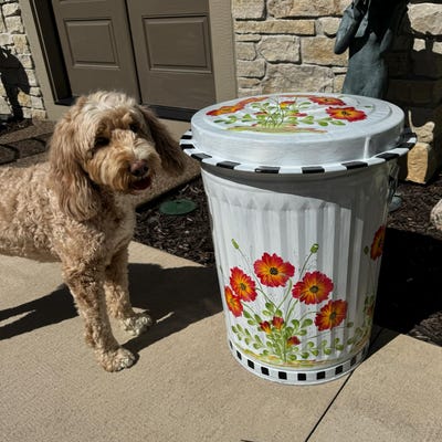 Hand Painted Trash/garbage Can 30 Gallon Vibrant Red With Daisy and ...