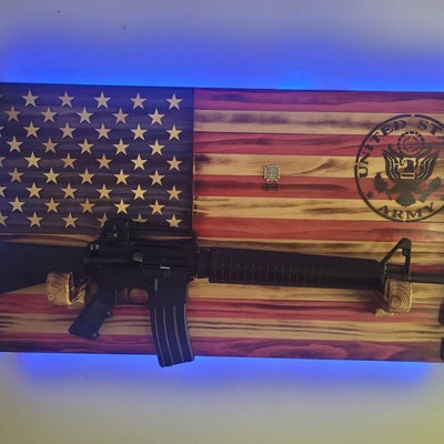 Rustic American Flag Gun Rack. Compound Bow Rack With Military Logo ...