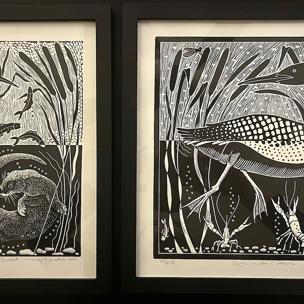 The River Ballet Linocut in Black,otter Linocut,kingfisher Linocut ...