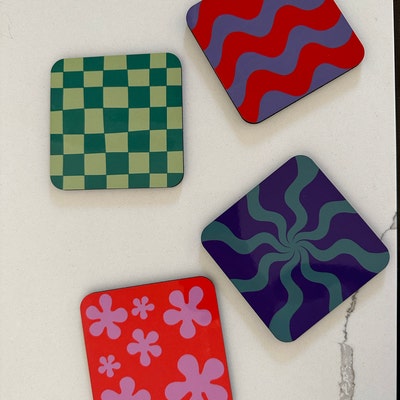 Cute Coasters Set of 4 Wavy Coasters Funky Decor Cork Coaster Colourful ...
