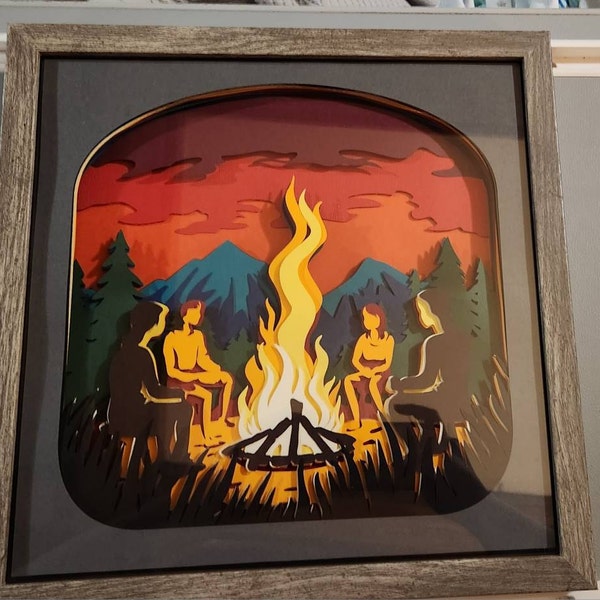 Camp Fire Shadow Box SVG Template, Mountain Forest Hiking 3D SVG ...