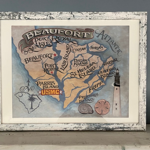 Beaufort SC Map Islands Print . Beach House Decor, Travel and Vacation ...