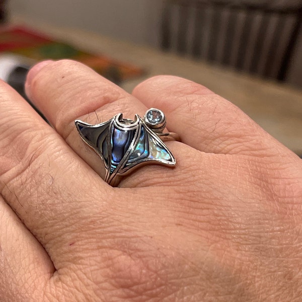 Manta Ray Ring Hawaiian Hahalua. Abalone Paua Shell. Blue Topaz ...