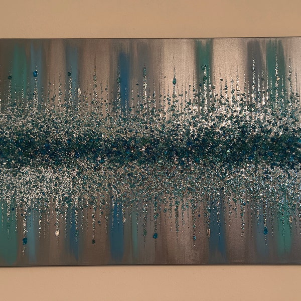 Glitter Glass Painting, Glitter Painting, Silver Glitter Art, Turquoise ...