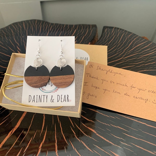 Small Black & Wood Circle Earrings With Disc | Classic Round Resin and ...