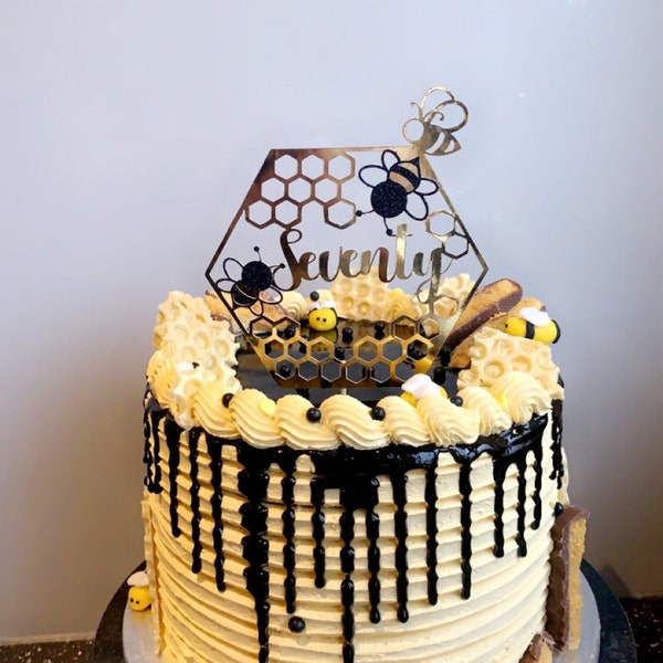 Bee Personalised Honeycomb Gold Cake Topper - One - Gold and Black ...