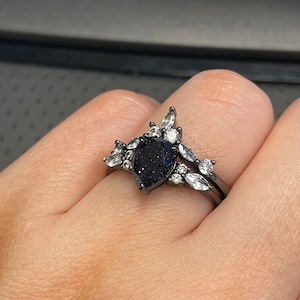 Galaxy Sandstone Ring Black Rhodium Engagement Ring Set Nebula Ring ...