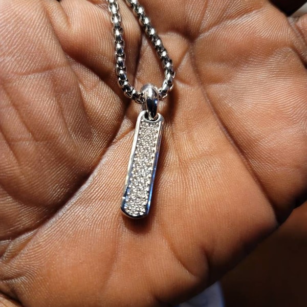Men's Diamond Vertical Bar Pendant - Rhodium Silver on Pavé Diamond ...