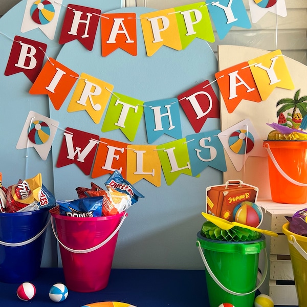 Beach Ball Birthday Banner Summer Fun Decorations Pool Party Happy ...
