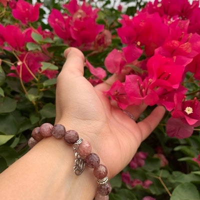 Muscovite Gemstone and Lotus Flower Bracelet/ Pink/ Burgundy/ Muscovite ...