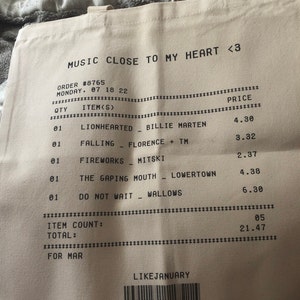 Custom Song Receipt Tote Customizable Song Playlist Tote Bag - Etsy