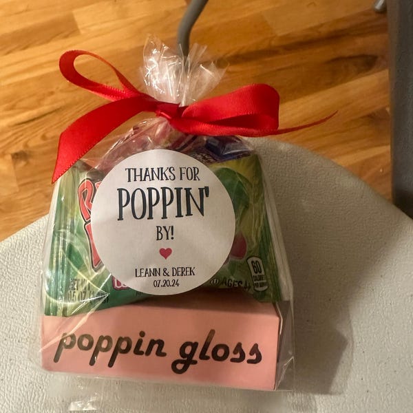Thanks for Poppin' by Baby Shower Favor Popcorn Bag Sticker Ribbon ...
