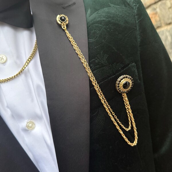 Gold Chain Lapel Brooch With Black Stone, Men's Wedding Accessory - Etsy